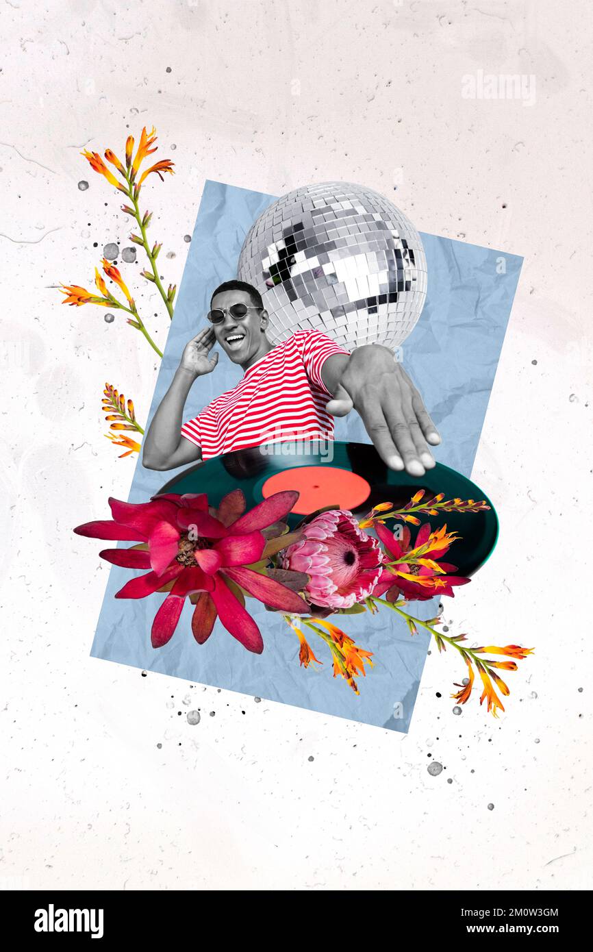 Vertical collage image of excited black white gamma guy dj spin vintage ...