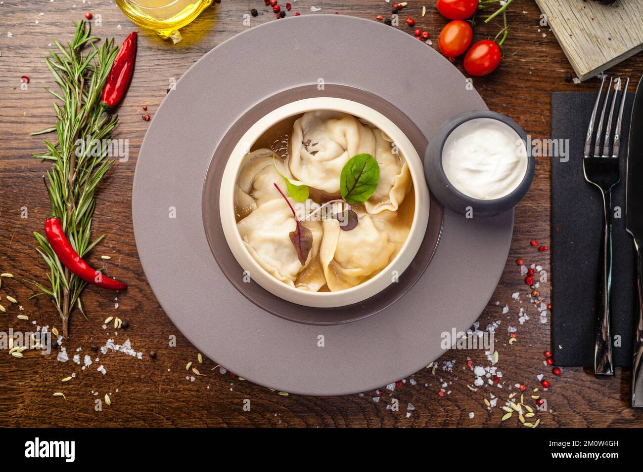 Black Angus beef hand-made dumplings. Cucumber-julienne with chilli ...