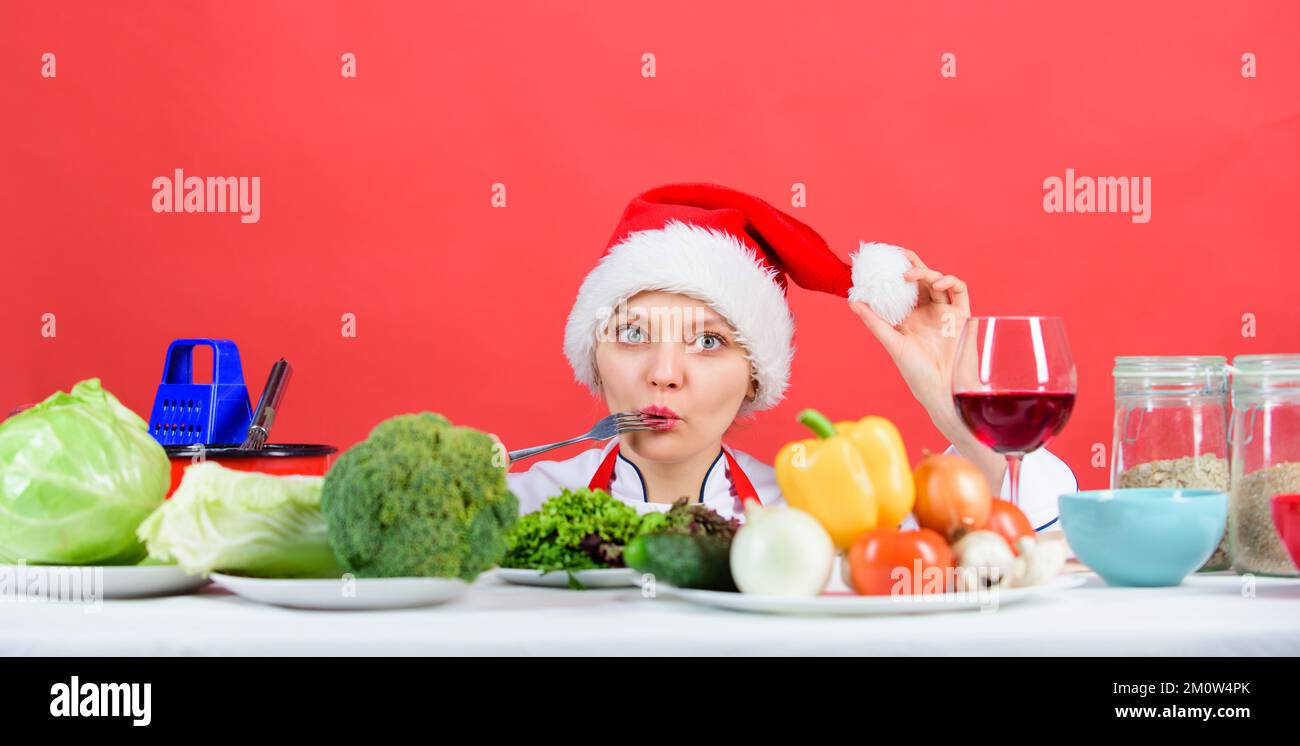 Woman chef or housewife cooking while wear santa hat. Best christmas ...