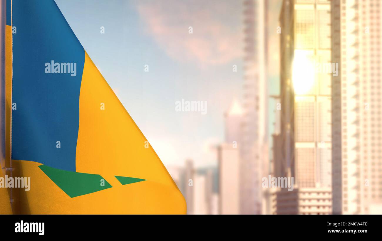 flag of Saint Vincent and the Grenadines on city skyscrapers buildings ...