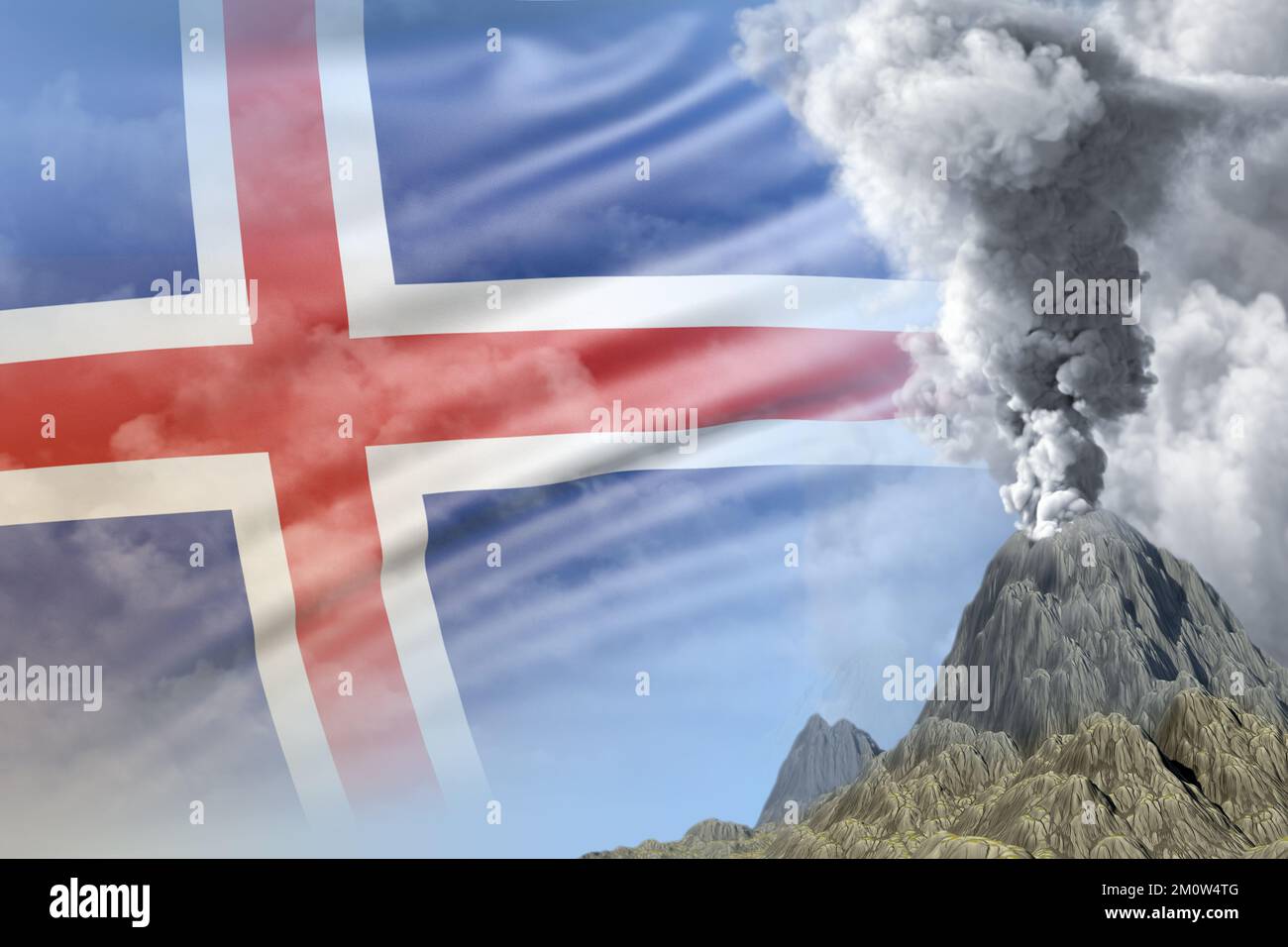 stratovolcano blast eruption at day time with white smoke on Iceland ...
