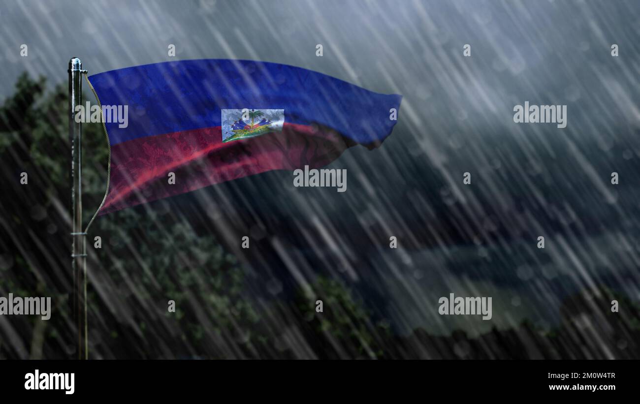 flag of Haiti with rain and dark clouds, rainfall forecast symbol ...