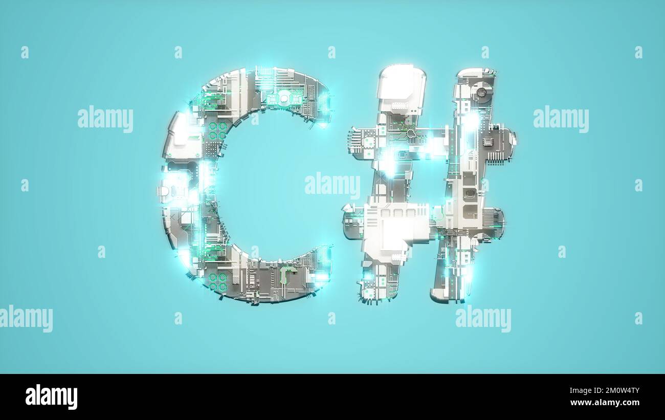 modern lighting cybernetic text C# on blue bg - abstract 3D rendering ...