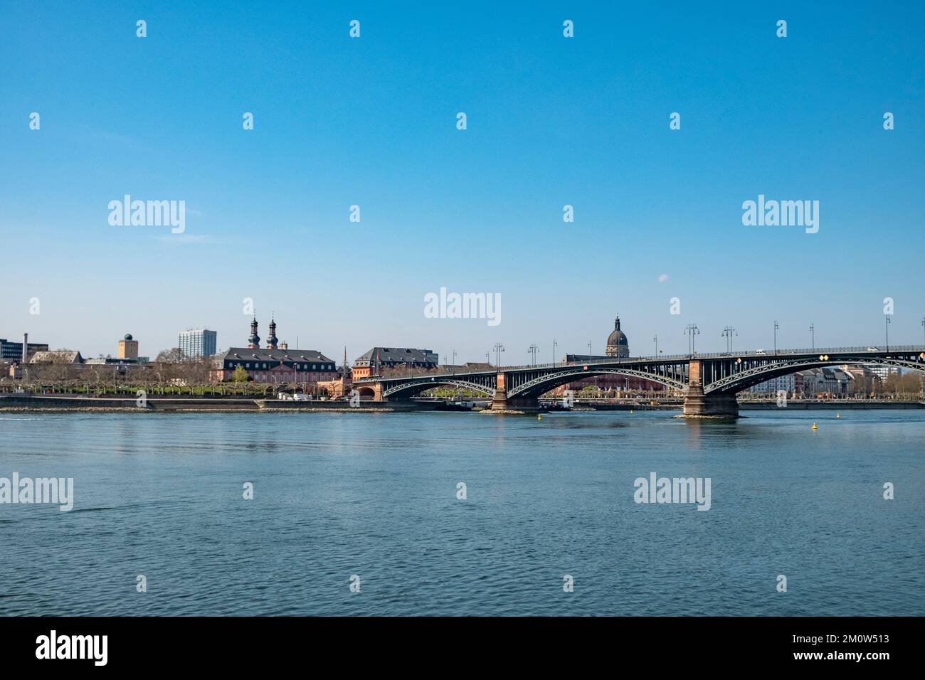skyline of Mainz with river Main and Theodor Heuss bridge, Germany ...