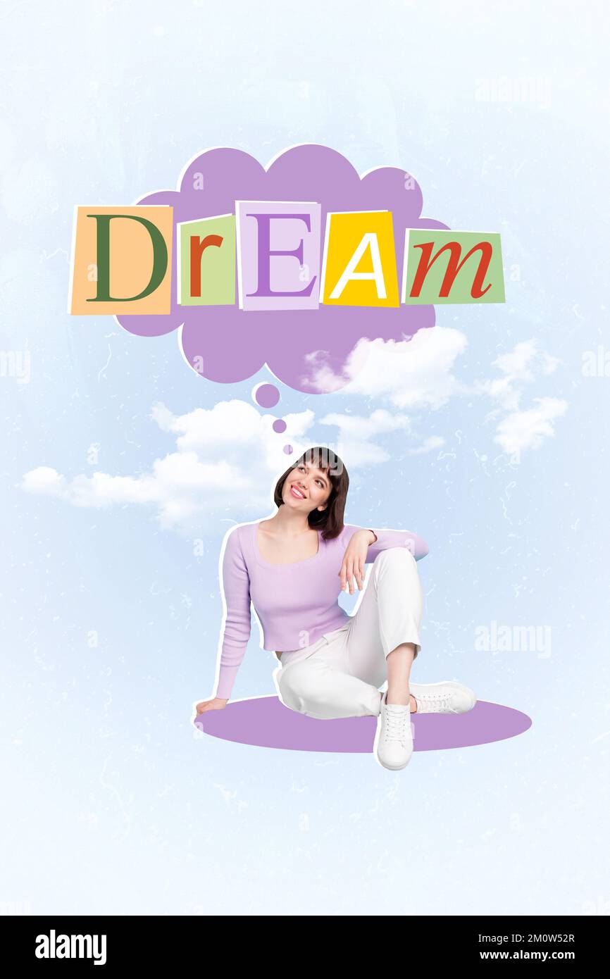 Vertical collage illustration of cheerful girl sitting think dream ...