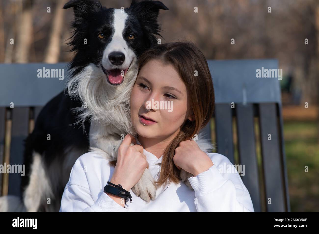 Caucasian woman hugging her dog Border Collie while sitting on a bench ...