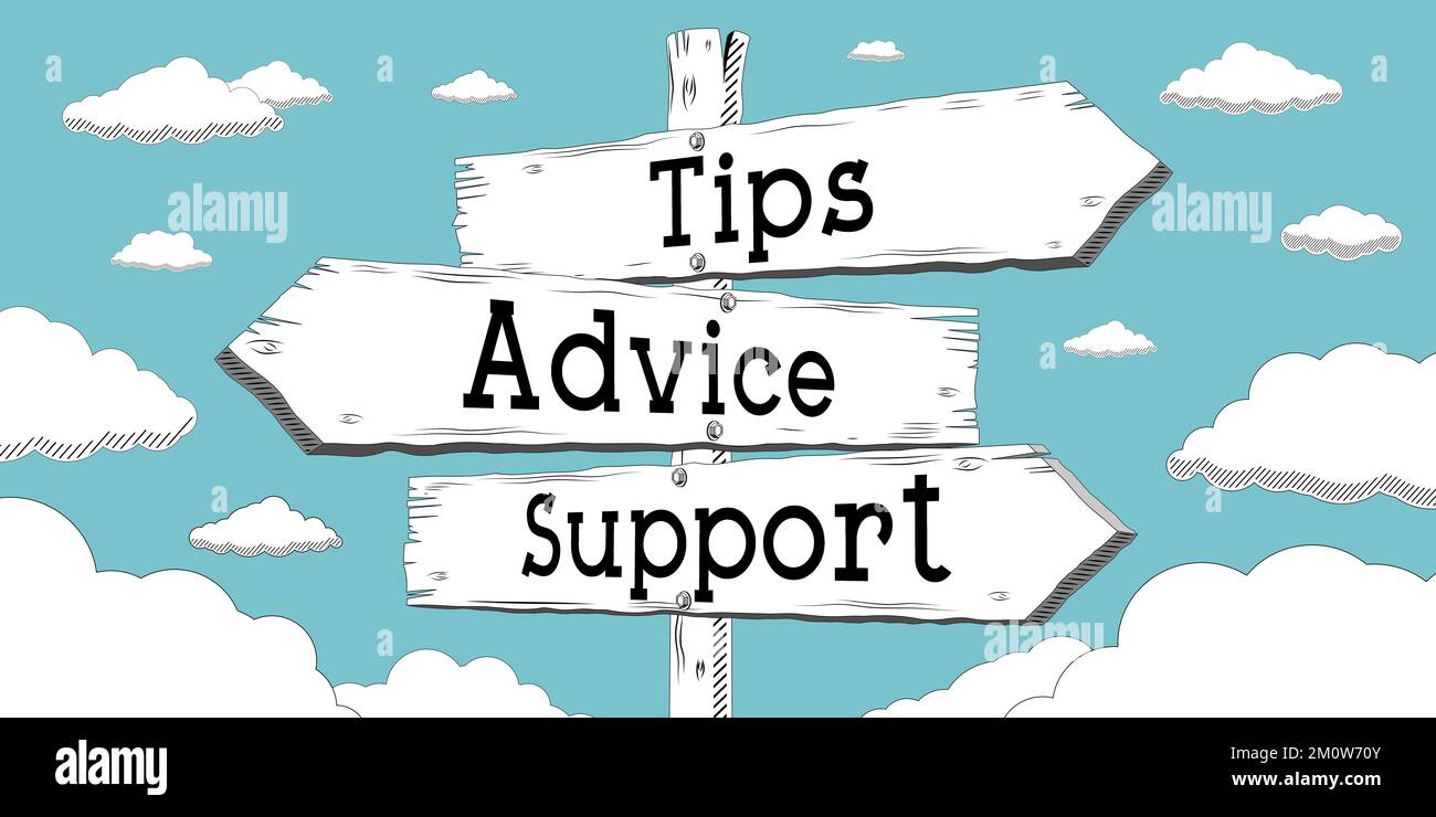 Tips, advice, support - outline signpost with three arrows Stock Photo ... Tips, advice, support - outline signpost with three arrows Stock Photo ...