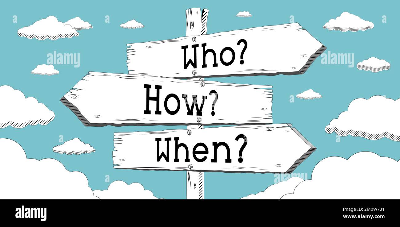 Who, how, when - outline signpost with three arrows Stock Photo - Alamy