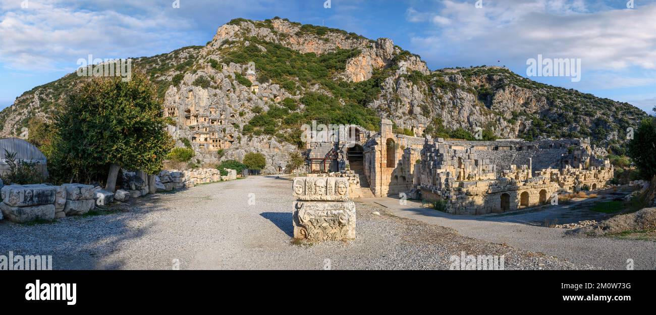 Ruins of the ancient city of Myra in Demre, Turkey. Ancient tombs and amphitheater Stock Photo ...