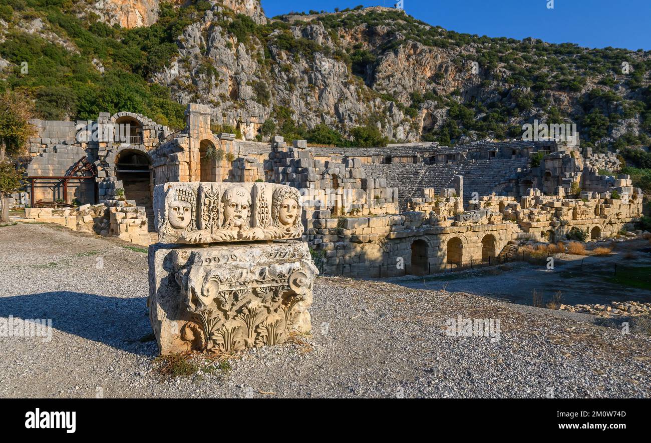 Ruins of the ancient city of Myra in Demre, Turkey. Ancient tombs and amphitheater Stock Photo ...