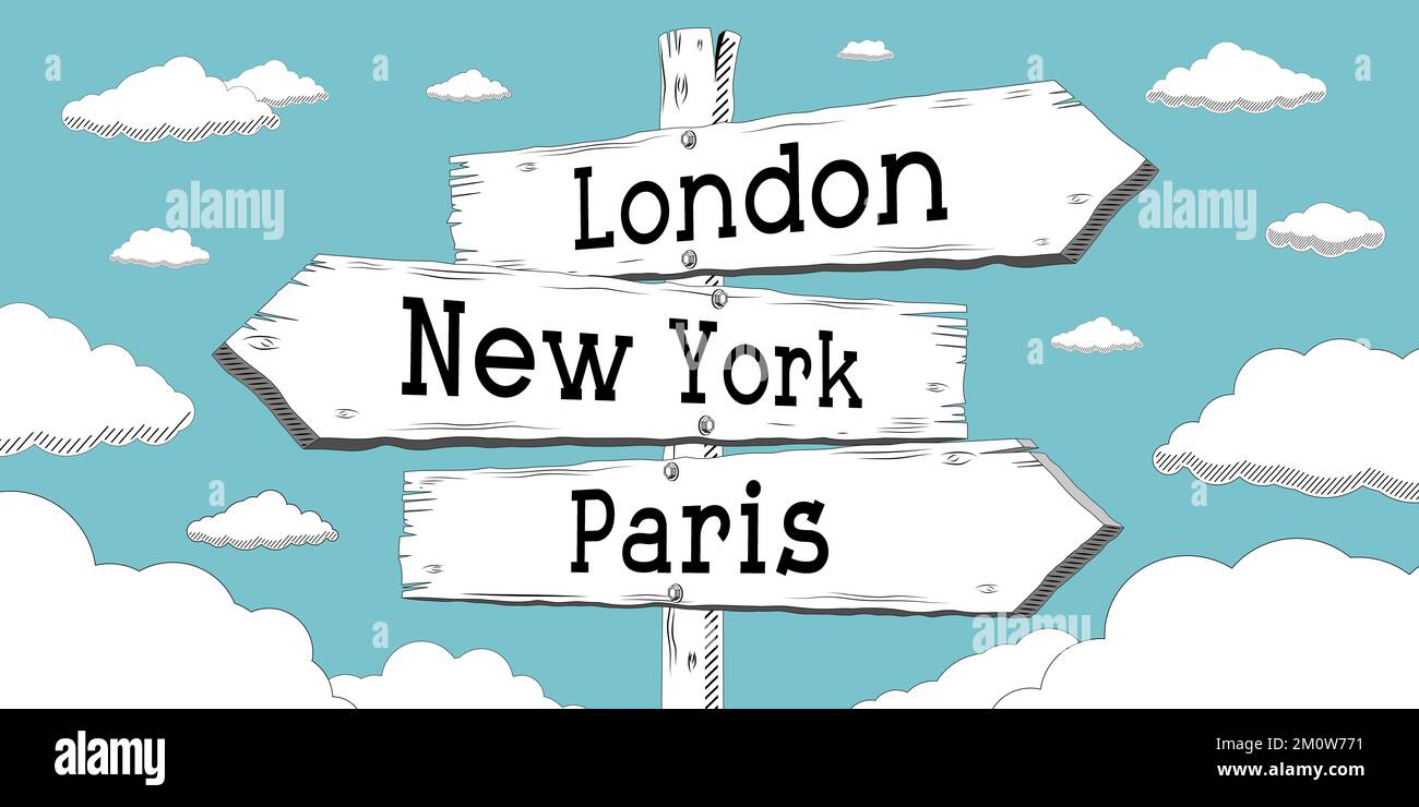 London, New York, Paris - outline signpost with three arrows Stock ...