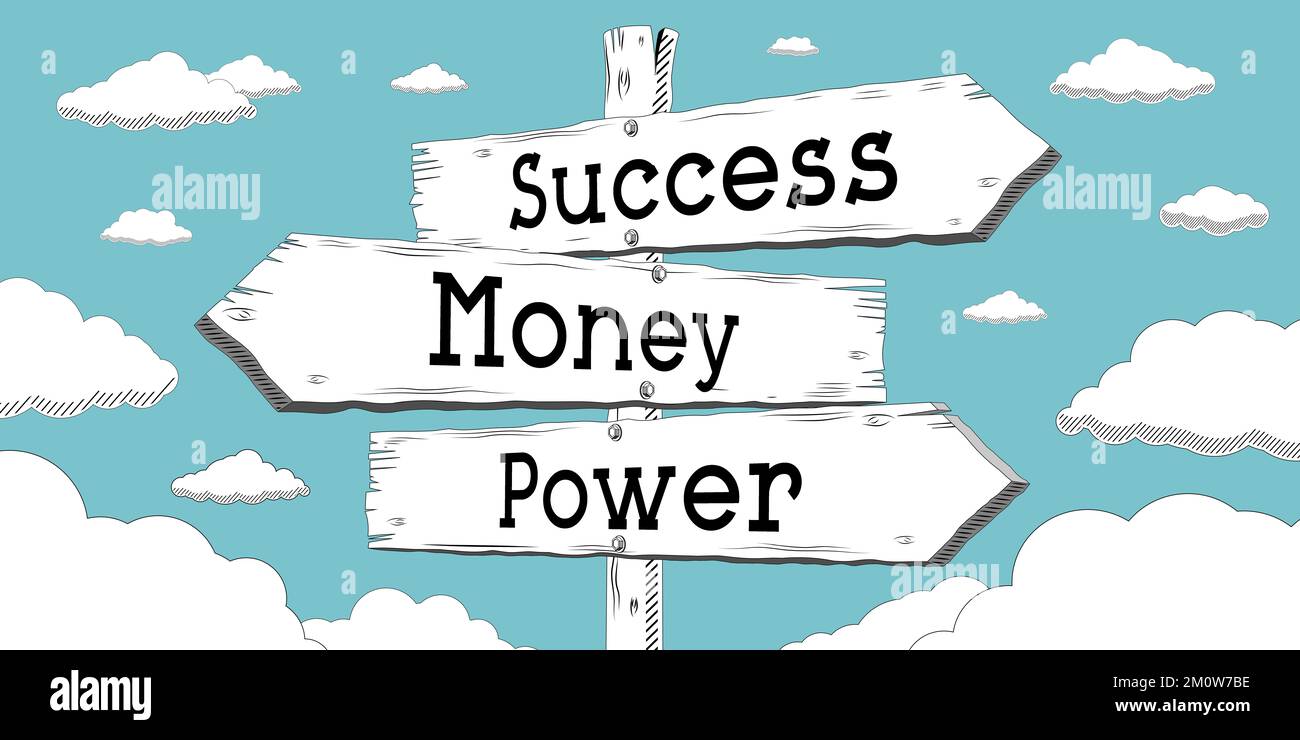 Success, money, power - outline signpost with three arrows Stock Photo ...