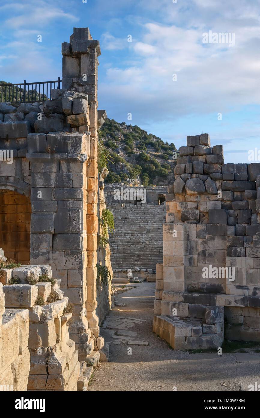 Ruins of the ancient city of Myra in Demre, Turkey. Ancient tombs and amphitheater Stock Photo ...
