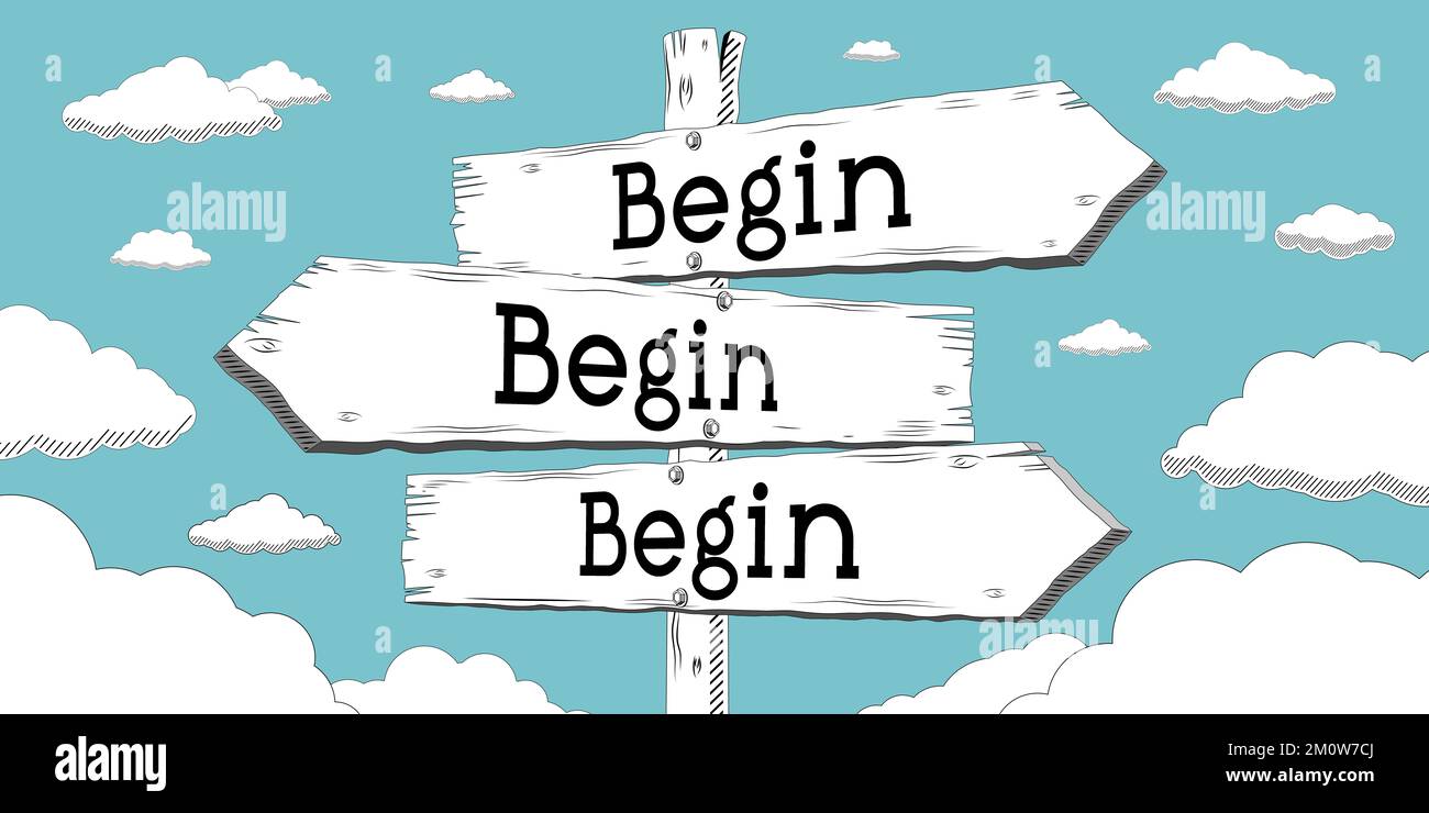 Begin - outline signpost with three arrows Stock Photo - Alamy