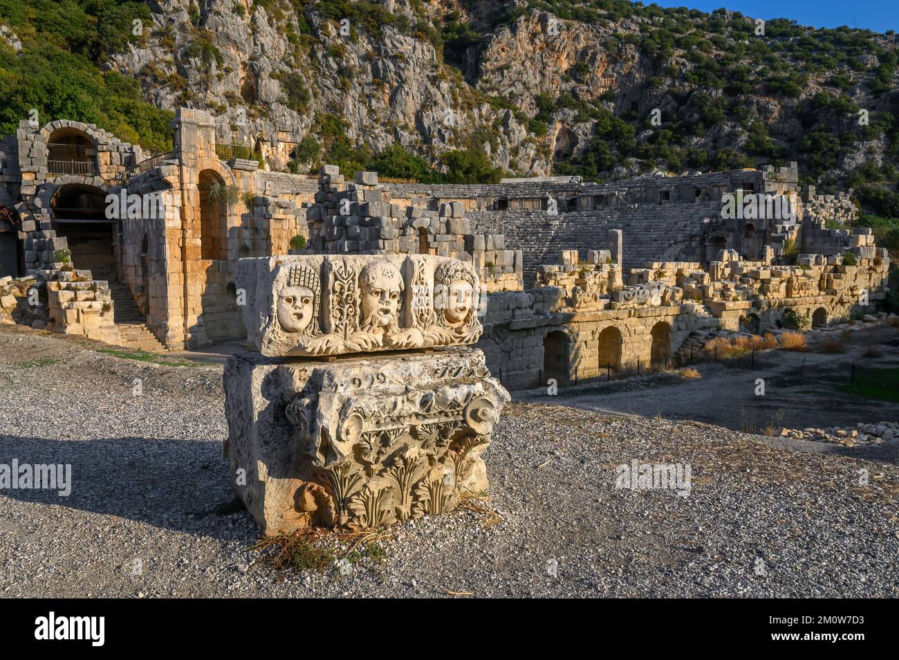 Ruins of the ancient city of Myra in Demre, Turkey. Ancient tombs and amphitheater Stock Photo ...