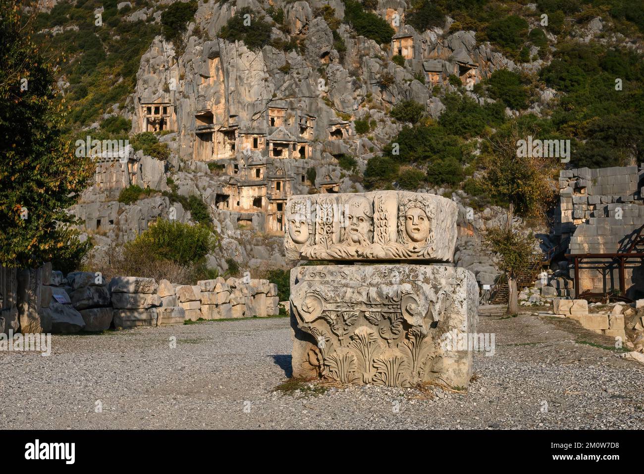 Ruins of the ancient city of Myra in Demre, Turkey. Ancient tombs and amphitheater Stock Photo ...