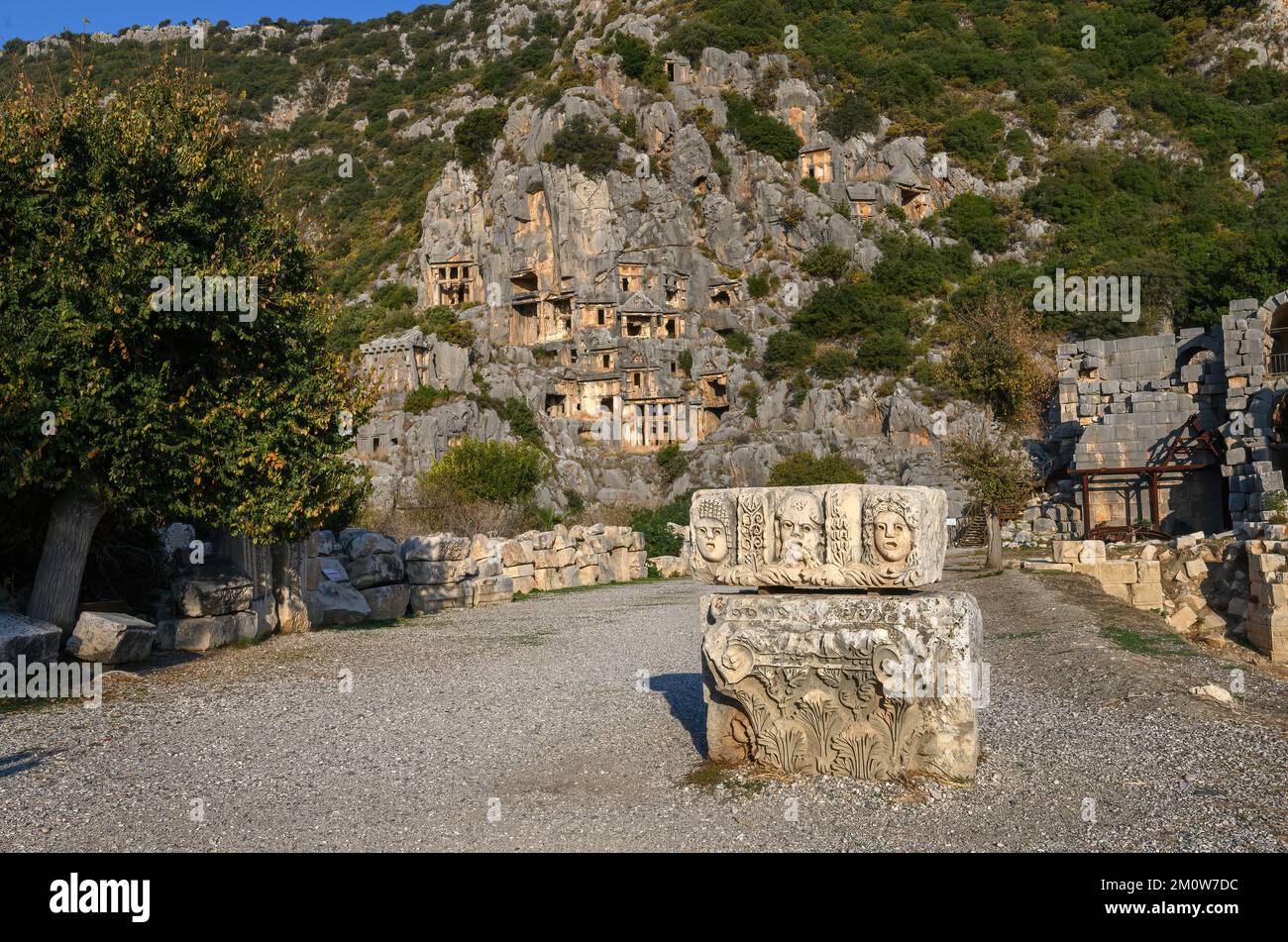 Ruins of the ancient city of Myra in Demre, Turkey. Ancient tombs and amphitheater Stock Photo ...