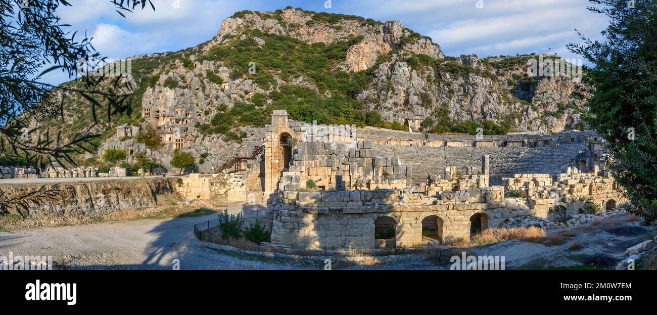 Ruins of the ancient city of Myra in Demre, Turkey. Ancient tombs and amphitheater Stock Photo ...