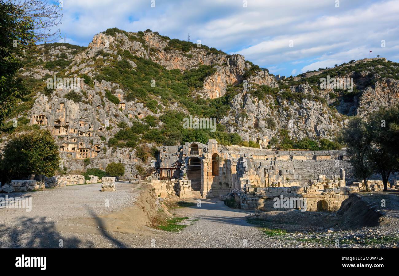 Ruins of the ancient city of Myra in Demre, Turkey. Ancient tombs and amphitheater Stock Photo ...