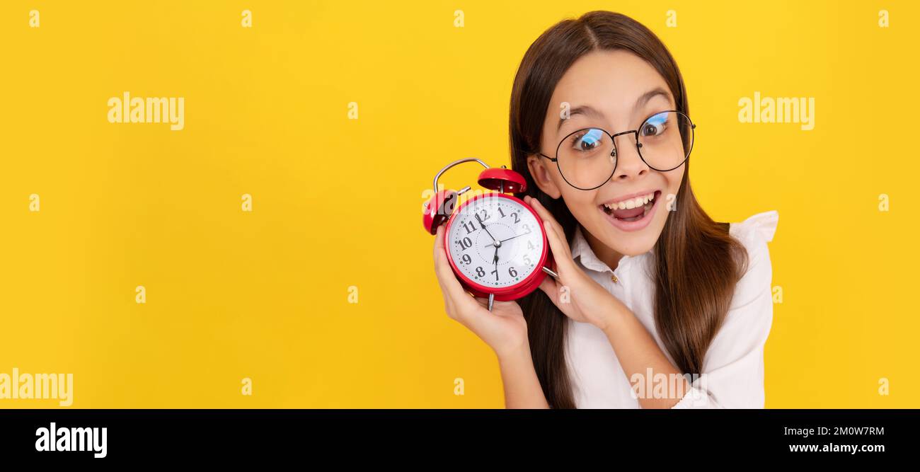 punctuality. last chance. punctual teen girl checking time. amazed nerd ...