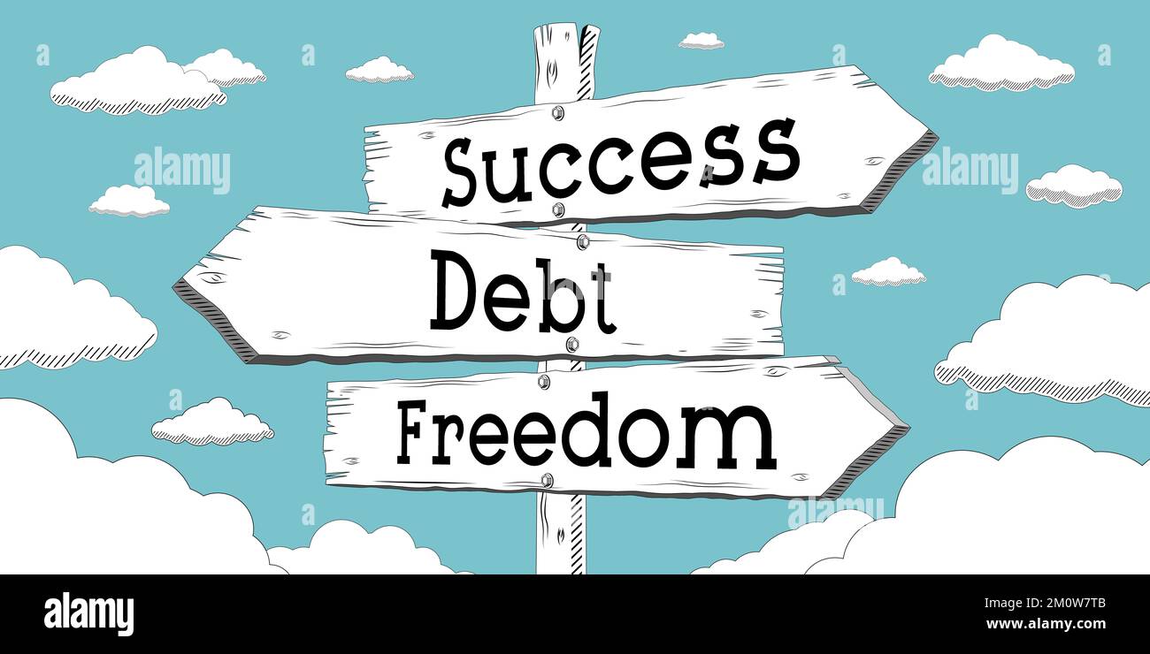 Success, debt, freedom - outline signpost with three arrows Stock Photo ...
