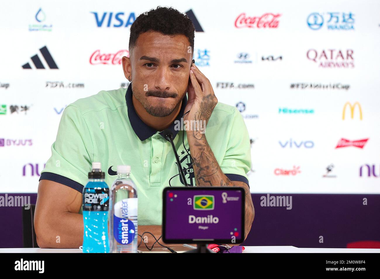 Danilo Luiz da Silva of Brazil speaks to the media during Brazil press conference at Qatar ...
