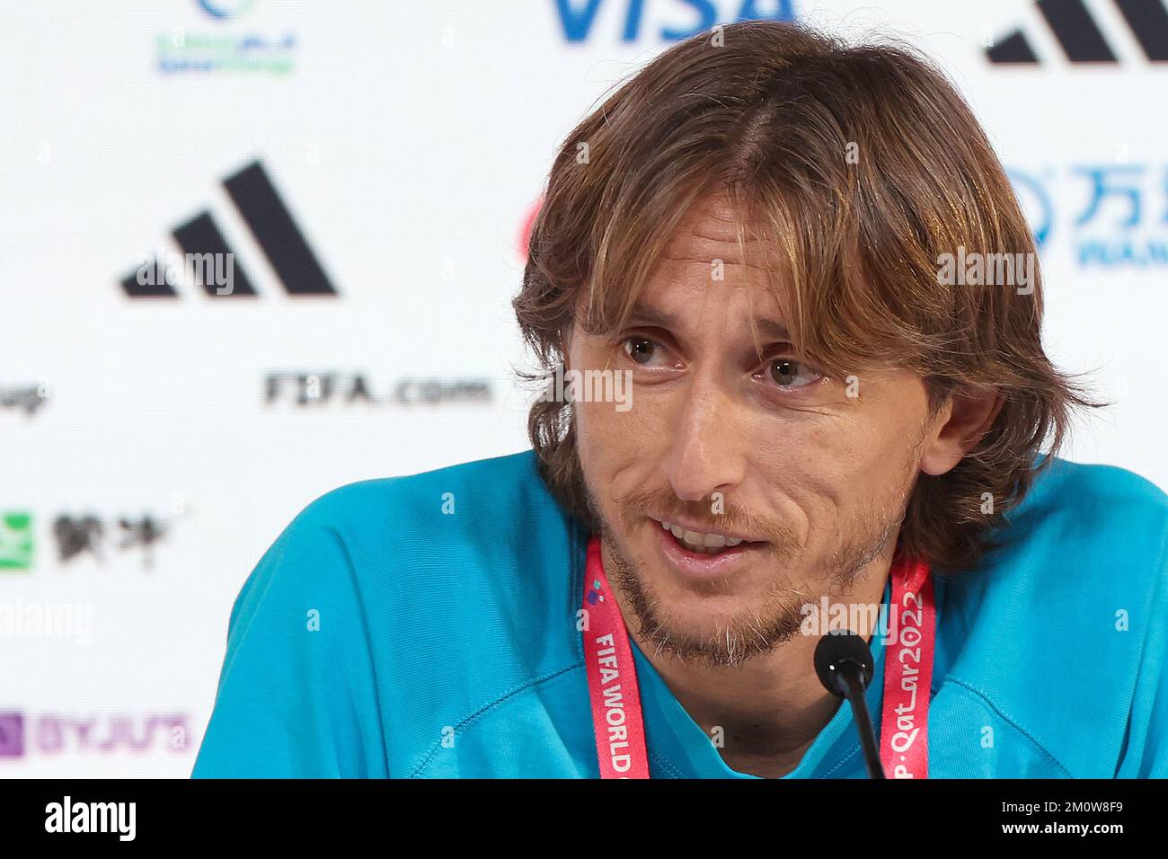 Football player Luka Modric speaks to the media during Croatia press ...