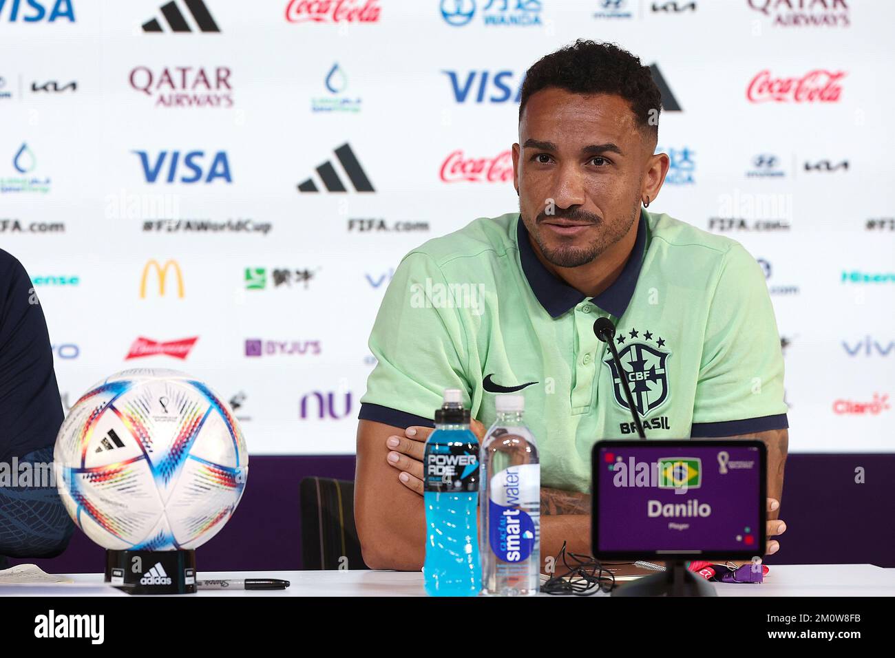 Danilo Luiz da Silva of Brazil speaks to the media during Brazil press ...