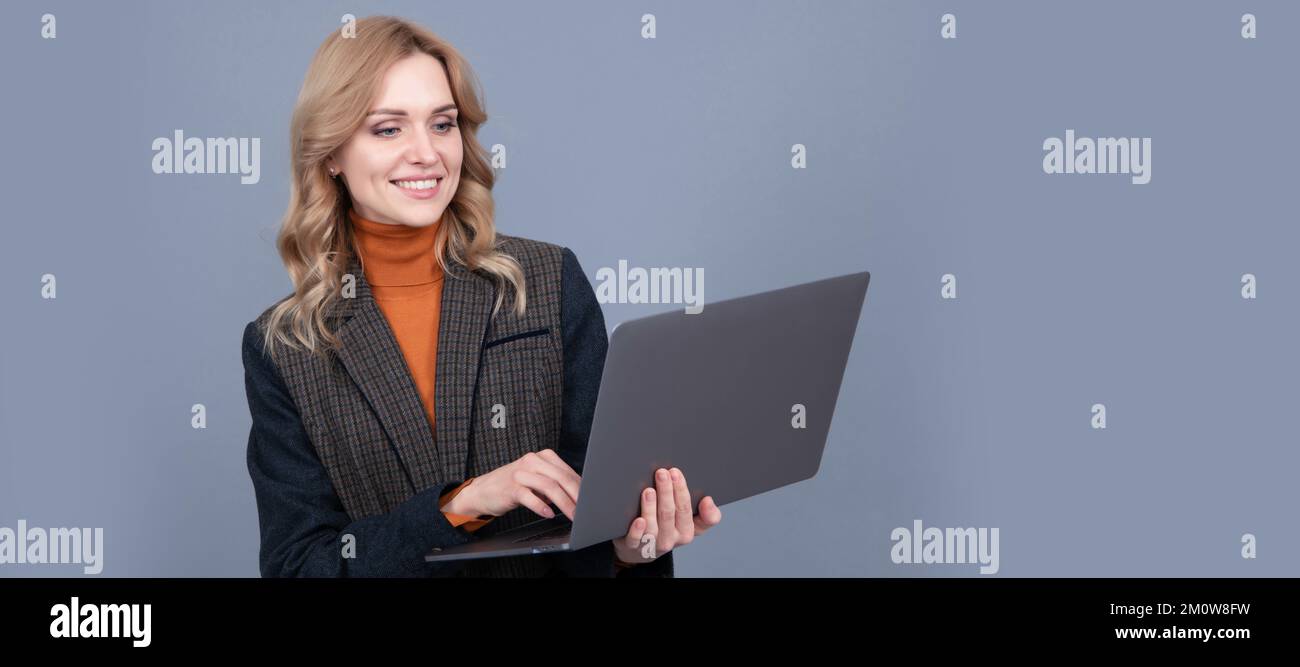 Your office companion. Pretty woman work on laptop. Running business ...