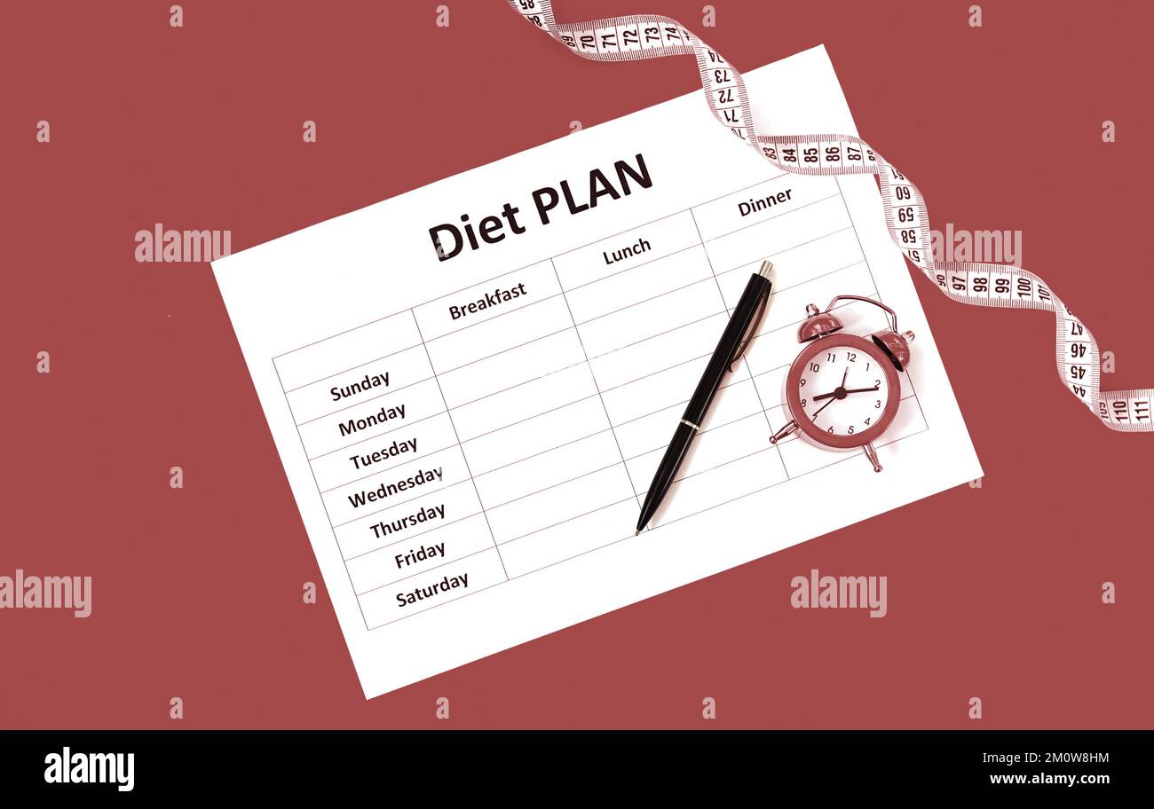 Diet schedule planner, measuring tape, pen and alarm top view. Time to ...
