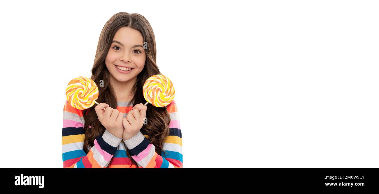 happy child in colorful sweater with lollipop candy on stick isolated ...