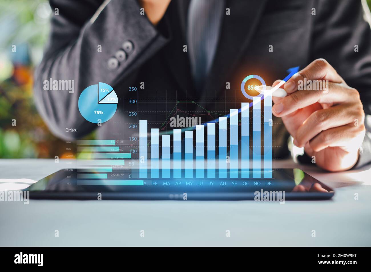 Businessman showing result of growth company profit planning ...