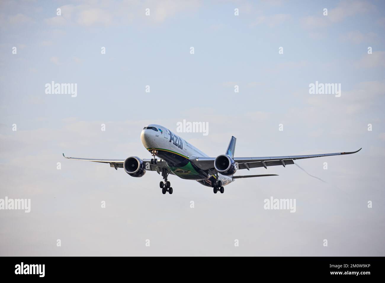 A low-angle shot of an Airbus A330-941 plane of Azul Linhas Aereas ...