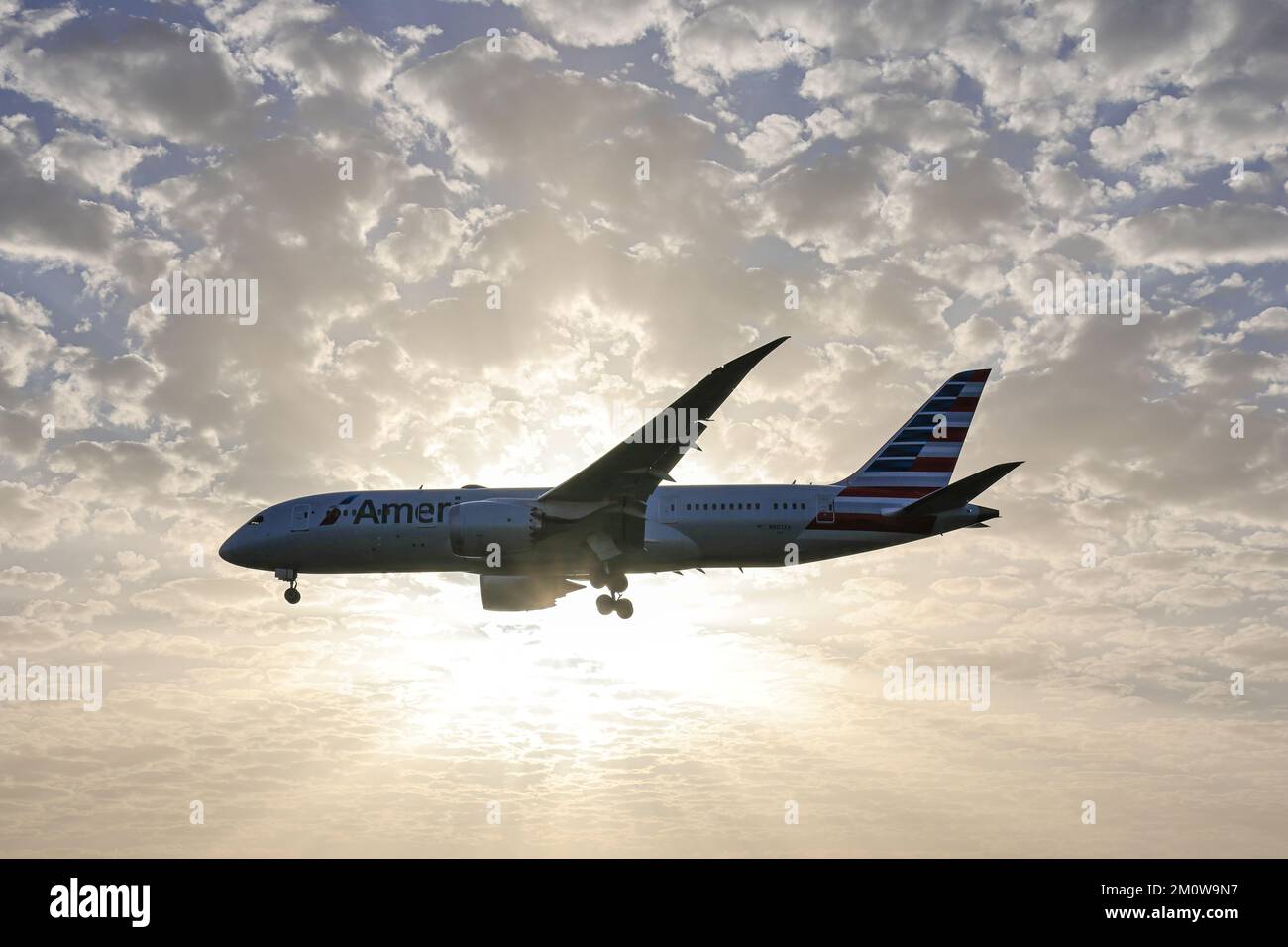 A low-angle shot of a Boeing 787-8 airplane of American Airlines ...