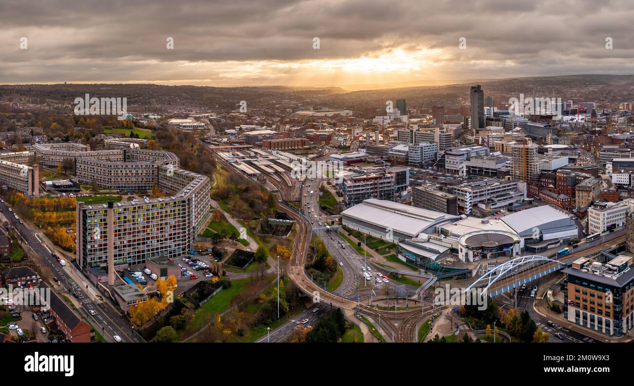 An aerial panorama of Sheffield city centre with Ponds Forge swimming ...