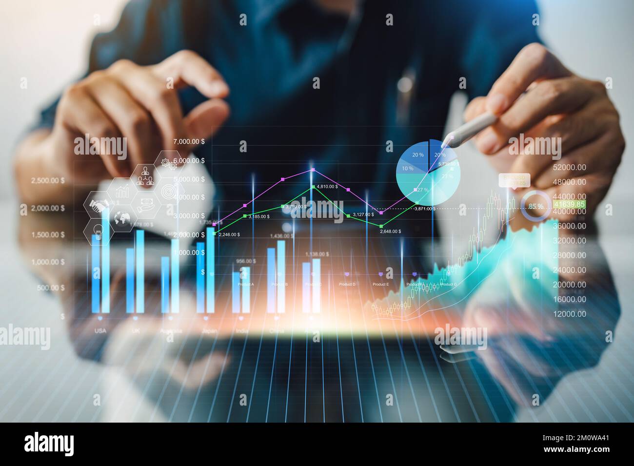 Businessman showing result of growth company profit planning ...