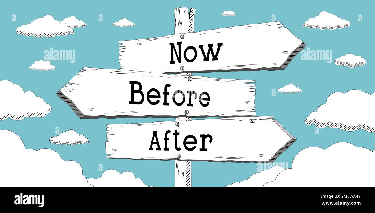 Now, before, after - outline signpost with three arrows Stock Photo - Alamy