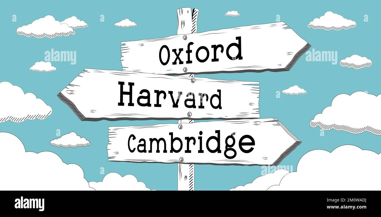 Oxford, Harvard, Cambridge - outline signpost with three arrows Stock ...
