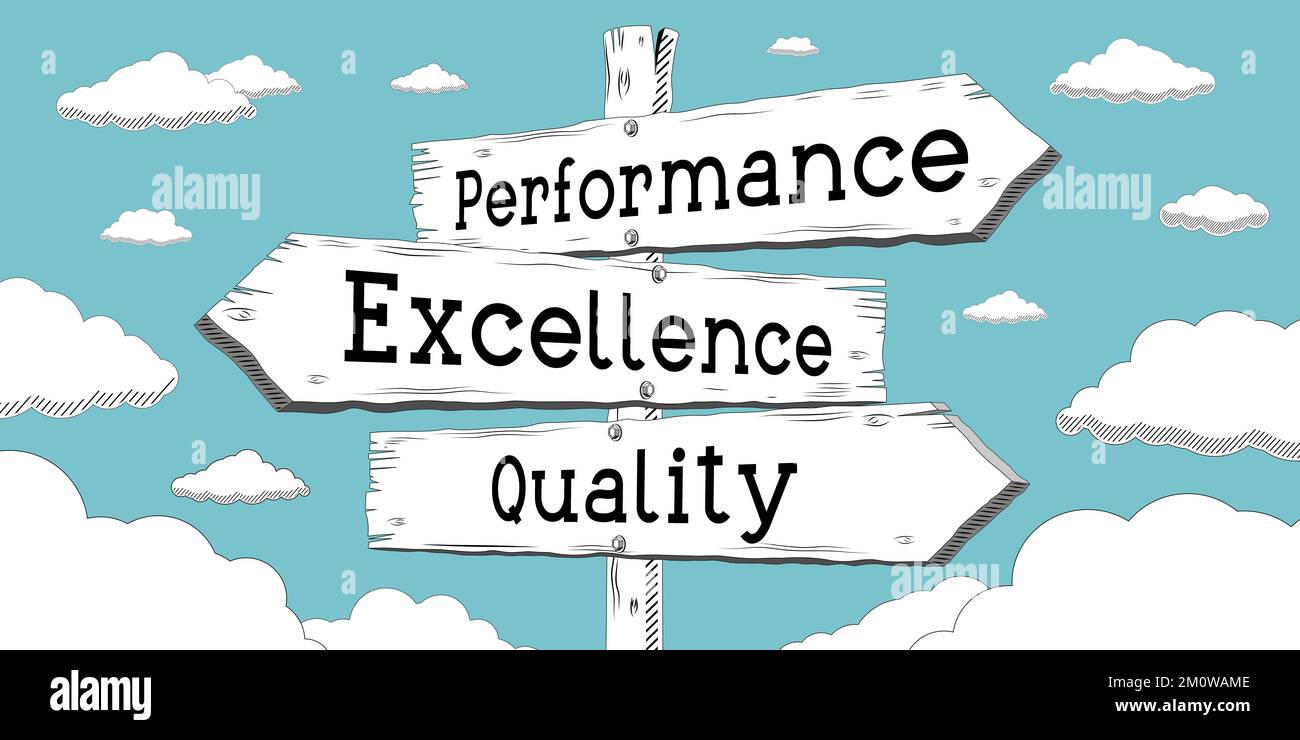 Performance, excellence, quality - outline signpost with three arrows ...