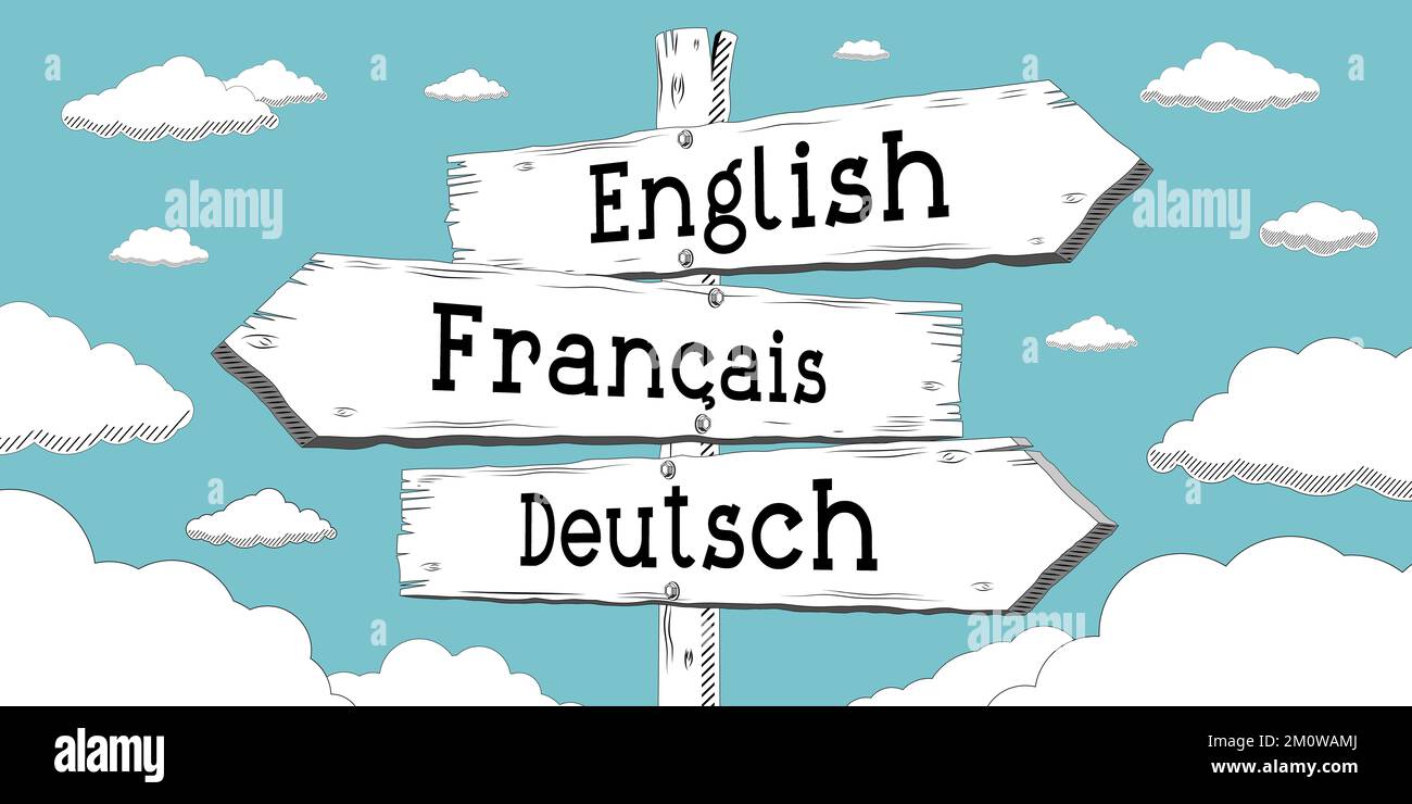 English, French, German - outline signpost with three arrows Stock ...