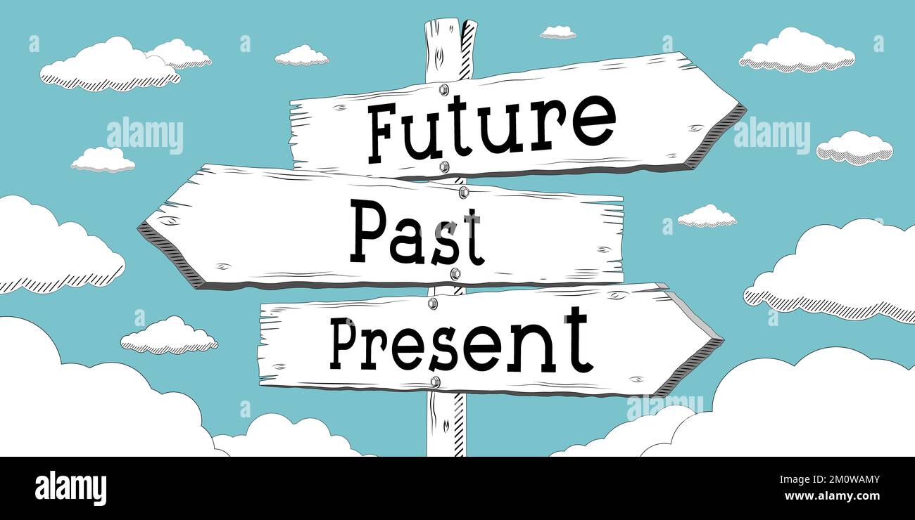 Future, past, present - outline signpost with three arrows Stock Photo ...