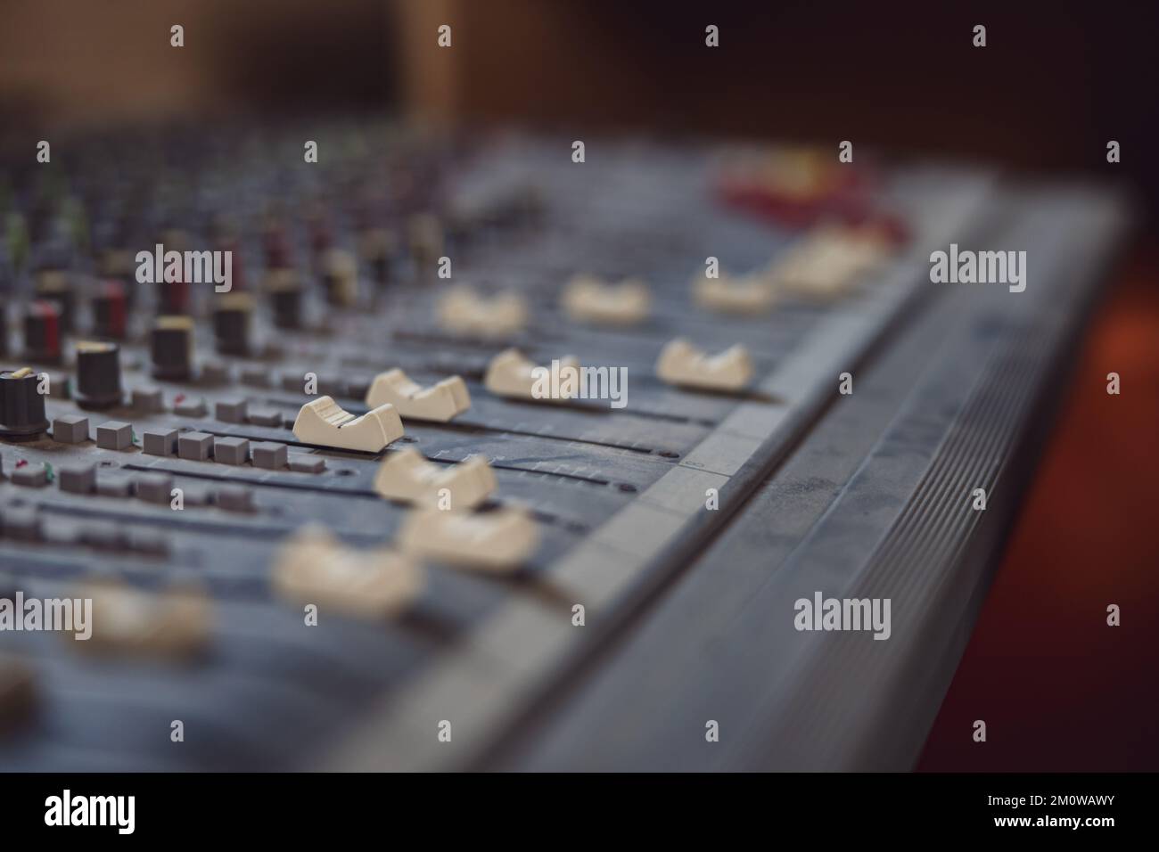 Close-up of a mixer desk. Professional music production in a sound ...