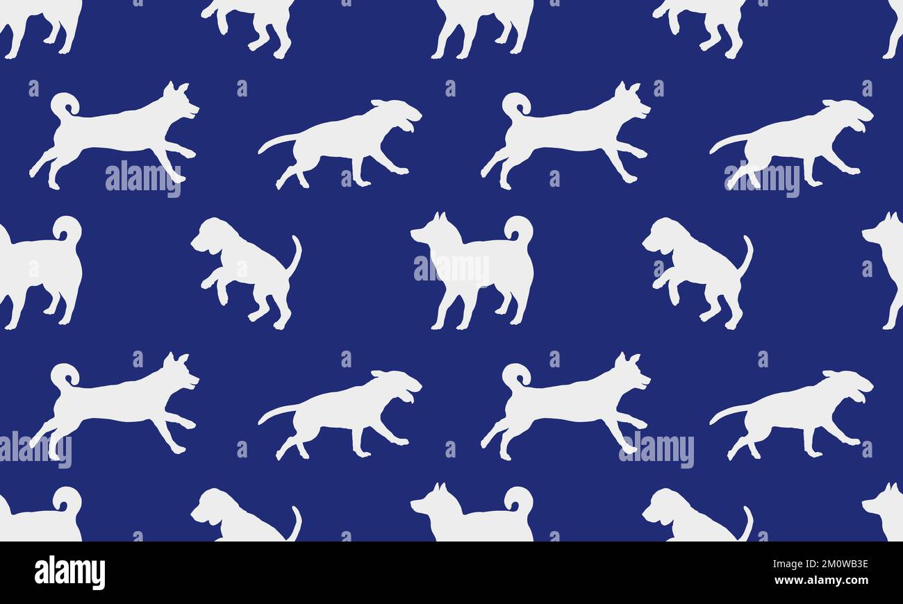 Silhouette dogs in various poses isolated on blue background. Seamless ...