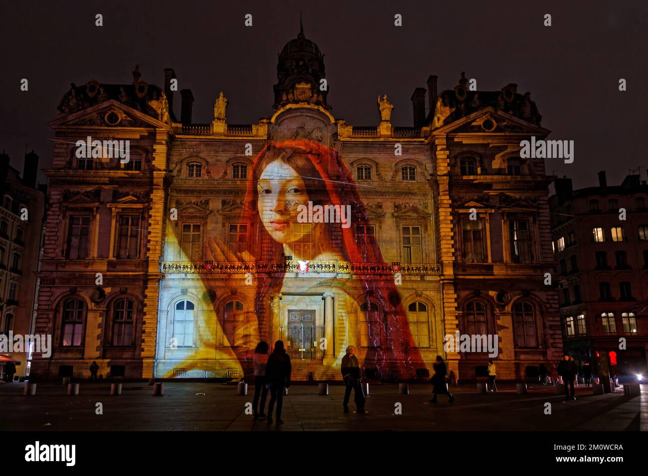 LYON, FRANCE, December 7, 2022 : City hall on Place des Terreaux, during Festival of Lights. The ...