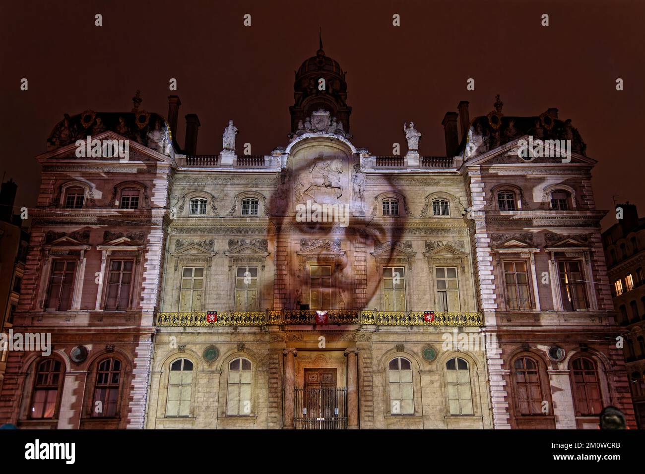 LYON, FRANCE, December 7, 2022 : City hall on Place des Terreaux, during Festival of Lights. The ...