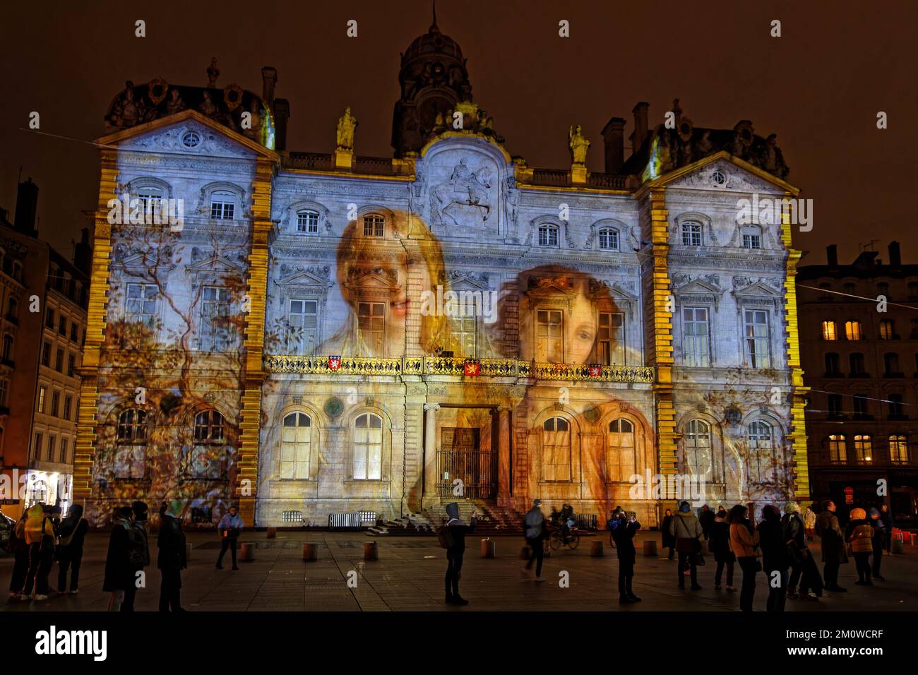 LYON, FRANCE, December 7, 2022 : City hall on Place des Terreaux, during Festival of Lights. The ...
