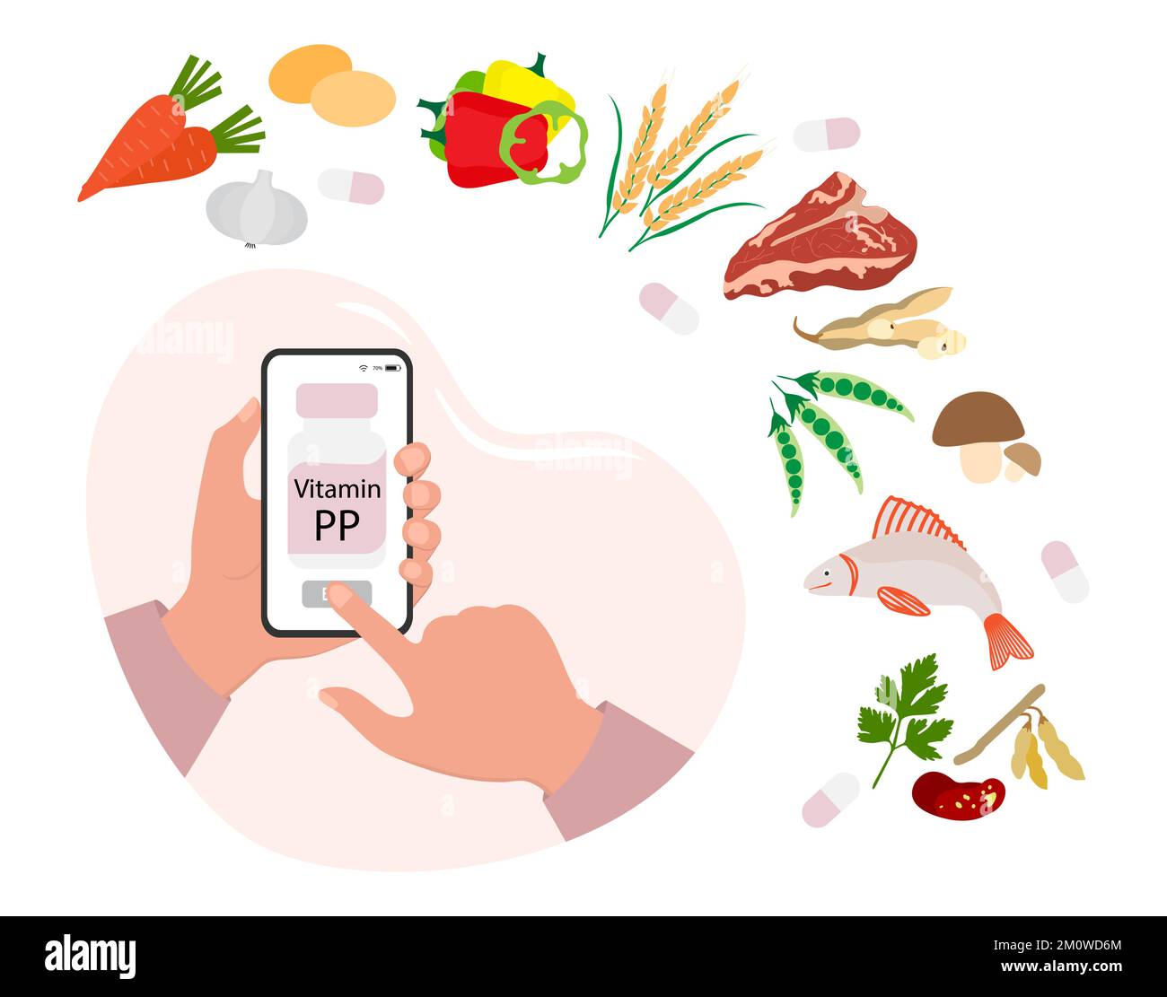 Vector illustration Hands holds cell phone with supplement pills ...
