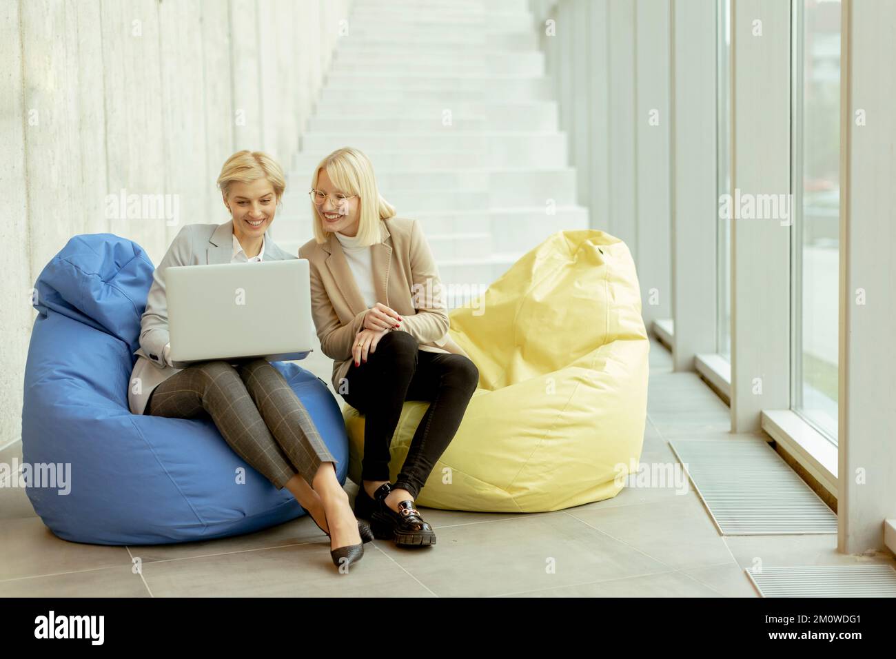 Two businesswomen working on laptop on lazy bags in the modern office ...