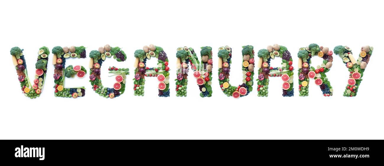 Veganuary word heading created using assorted fruits, vegetables, nuts ...