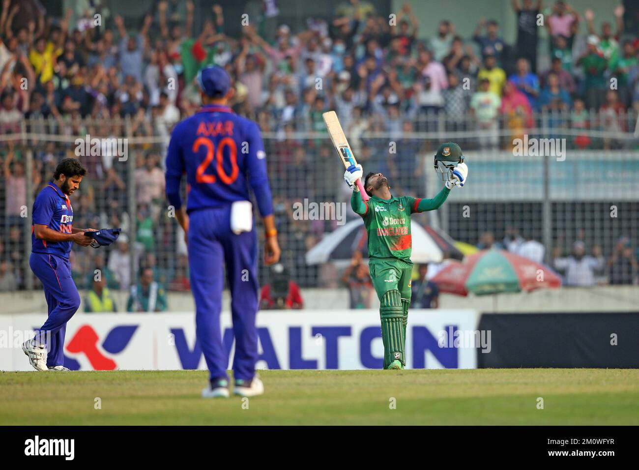 Mehedy Hasan Miraz celebrats his maiden hundred runs against India ...